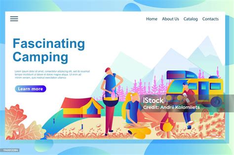 캠핑에 대 한 웹 페이지 디자인 서식 파일입니다 만화 사람들이 함께 휴식을 공원 개념에 대한 스톡 벡터 아트 및 기타 이미지 개념 건강한 생활방식 건설 현장 Istock