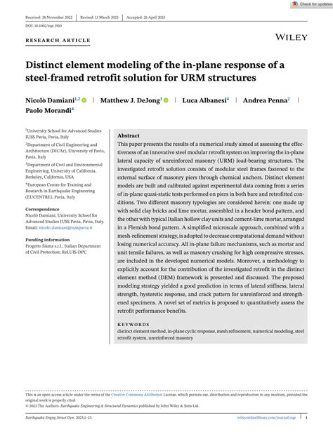 Pdf Distinct Element Modeling Of The In Plane Response Of A Steel Framed Retrofit Solution For