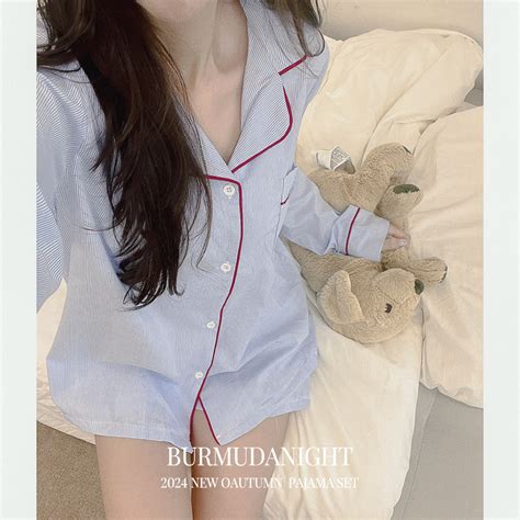 버뮤다나잇 면 Bnight 빈티지 라이트 블루 스트라이프 파자마 긴팔 반바지 3부 셔츠 잠옷 세트 3005