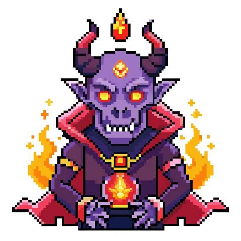 Pixel Art Demon Character With Flames And Magical Orb In Retro Game