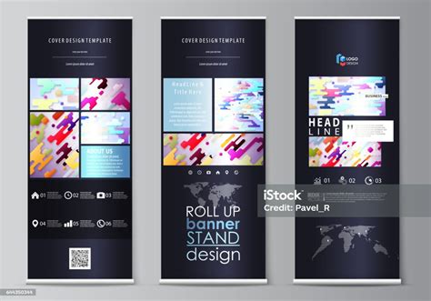 롤 배너 스탠드 평평한 디자인 서식 파일 추상적인 스타일 기업 수직 벡터 전단지 플래그 레이아웃 기하학적 도형 최소한의 배경으로
