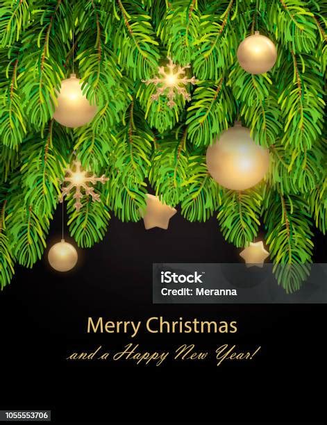 소나무 가지에 크리스마스 훈장 황금 별 눈송이 공 및 말 쑥 한 전나무 나무 겨울 홀리데이 크리스마스 배경 막 크리스마스 트리 분기 카드 서식 파일 12월에 대한 스톡 벡터