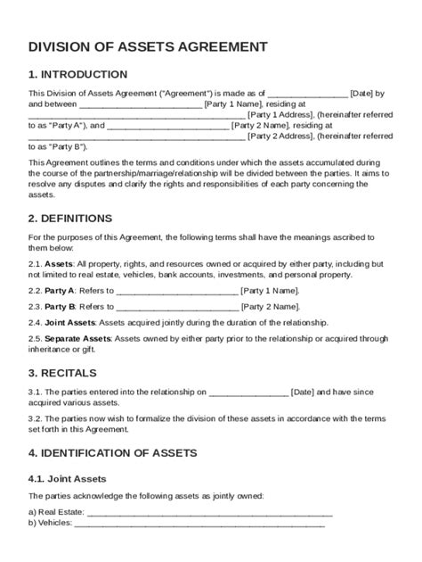 Division Of Assets Agreement Template Form Fill Online Printable