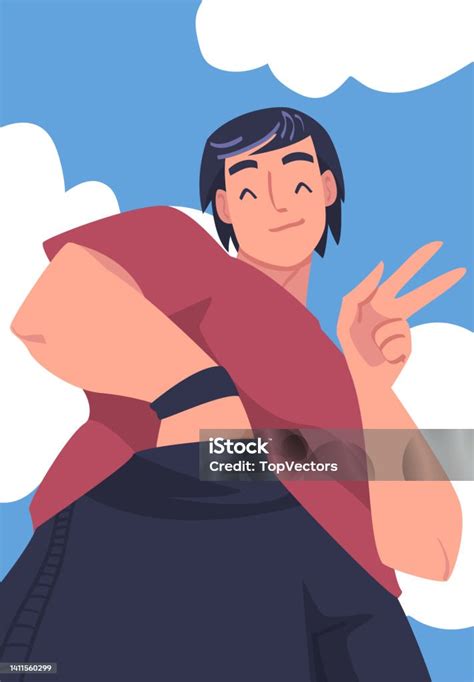 위에서 바라보는 남자 캐릭터 친절한 미소 짓고 V 기호 제스처 벡터 일러스트 레이 션 표시 감정에 대한 스톡 벡터 아트 및 기타 이미지 감정 개념 곁눈질 Istock