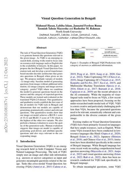 Visual Question Generation In Bengali Pdf Learning Machine Learning