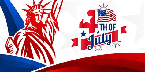 7월 4일 미국 독립기념일 디자인과 스타 불꽃놀이 미국 국기가 있는 현대식 레드 블루 웨이브 스트라이프 배경과 자유의 여신상 7월 4일에 대한 스톡 벡터 아트 및 기타