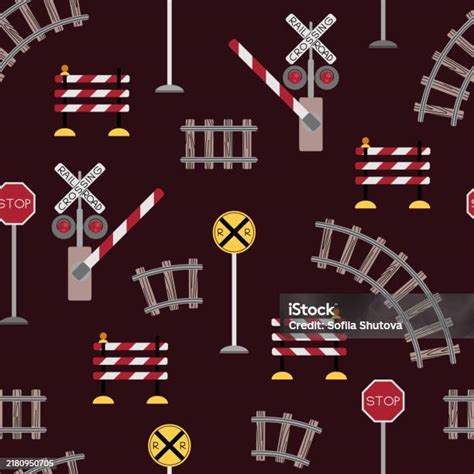 철도 표지판 레일 및 장벽이 있는 완벽한 패턴으로 평면 스타일입니다 직물 벽지 스크랩북 등에 대한 어린아이 같은 배경 0명에