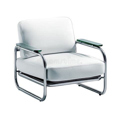 Minimalist White Chair With Metal Frame And Glass Armrests Perfect For Modern Decor Stock