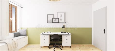 Ai Generated Modern Computer Desk Situated In Front Of A Large Window Stock Illustration