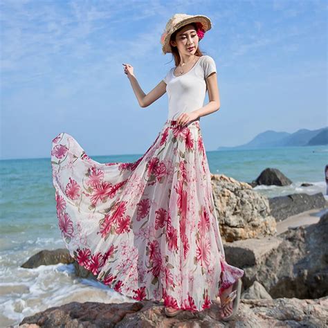 Tingyili 여성용 레드 퍼플 플로럴 스커트 우아한 여름 해변 보호 스커트 빅 스윙 롱 스커트long Skirt