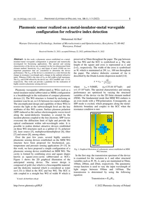 Pdf Plasmonic Sensor Realized On Metal Insulator Metal Waveguide Configuration For Refractive