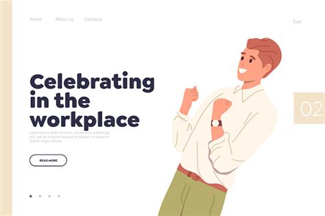 행복한 사업가 캐릭터가 있는 랜딩 페이지 디자인 템플릿에 대한 직장 개념에서 축하 고용과 노동에 대한 스톡 벡터 아트 및 기타 이미지 고용과 노동 긍정적인 감정 표현