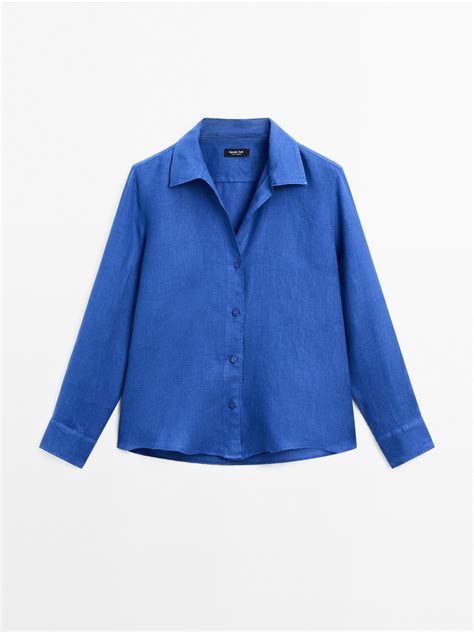 100 린넨 오픈 칼라 셔츠 · 갈색 화이트 레드 · 셔츠 라인 Massimo Dutti