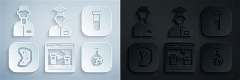 화학 물질 온라인 시험관 및 플라스크 박테리아 금이 가 실험실 조수 및 아이콘을 설정합니다 벡터 3차원 형태에 대한 스톡 벡터