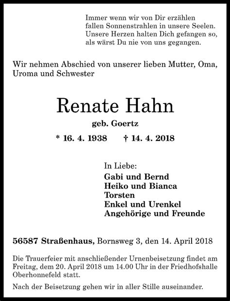 Traueranzeigen Von Renate Hahn Rz Trauerde