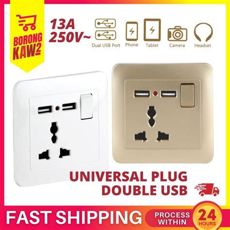 1 Gang 3 Pin 2 USB Universal Socket Switch Port 13A 250V Wall Switch Socket AC DC Plug Charger