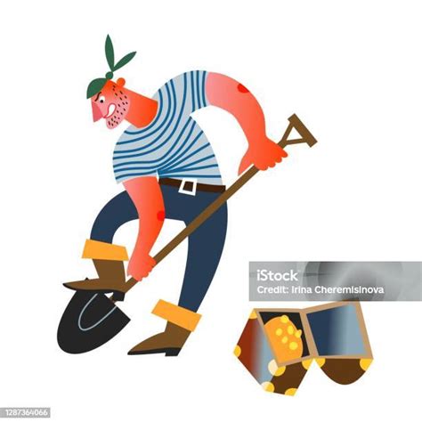 금으로 보물을 파고 화가 해적 삽을 가진 선원 흰색 배경에 고립 된 돈으로 가슴을 엽니 다 모험 과 해양 불법 복제 벡터 일러스트 고대 유물에 대한 스톡 벡터 아트 및 기타