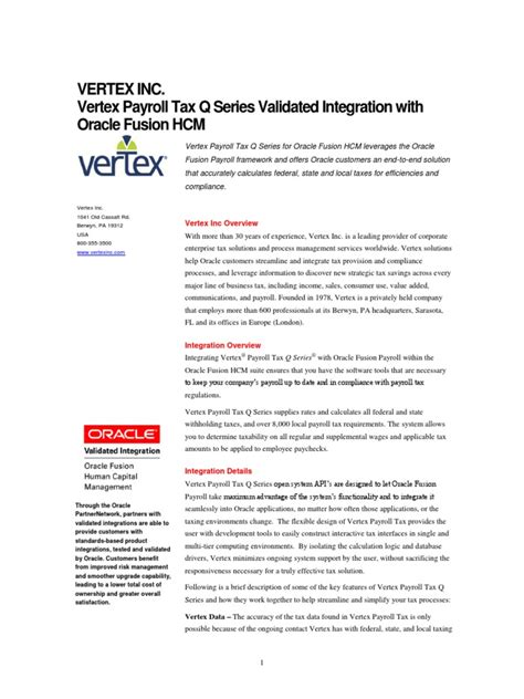 Vertex Inc Vertex Payroll Tax Q Series Validated Integration With Oracle Fusion Hcm Pdf
