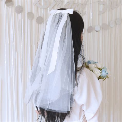 [고정핀증정 당일발송] 셀프웨딩 베일 촬영소품 브라이덜샤워 신부 화이트 리본 면사포 에이블리