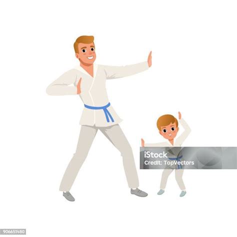 불면 웃 고 있는 아버지와 아들 훈련이 라 데 아버지 고 기모노와 파란 벨트를 착용 하는 아이입니다 무술 예술입니다 아빠가 개념 만화 평면 벡터 디자인 가족에 대한 스톡