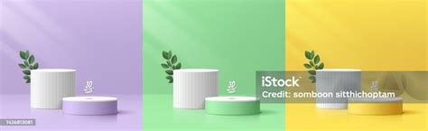 단계 실린더 연단이있는 현실적인 3d 배경 세트 노란색 녹색 보라색 라벤더 벽 장면과 녹색 잎 추상 최소 모형 제품 디스플레이