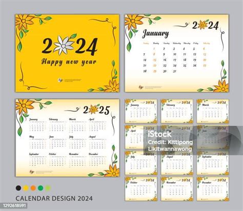 책상 달력 2024 템플릿 세트 꽃 개념 달력 20242025 새해 복 많이 받으시기 2024 년 월 달력 2024 디자인 플래너 주간 시작 일요일 문구 인쇄 광고 노란색