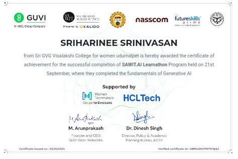 Sriharinee Srinivasan On Linkedin Guvi Certificate