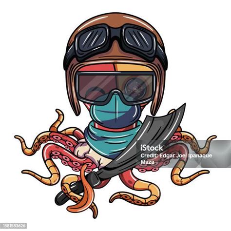 안경 가면 해적 검을 가진 문어 사이보그 비행기 조종사의 만화 캐릭터 판타지 공상 과학 소설 및 모험 만화의 삽화 파일럿에 대한