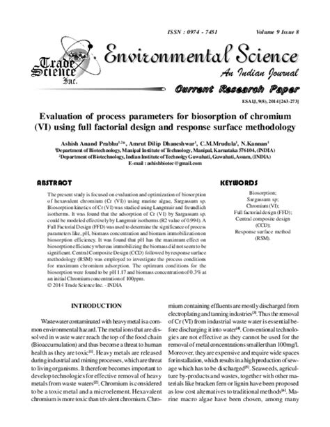 Pdf Evaluation Of Process Parameters For Biosorption Of Chromium Vi Using Full Factorial