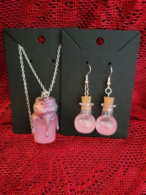 Magical Potion Bottle Necklace And Earrings Set Handmade Shimmering