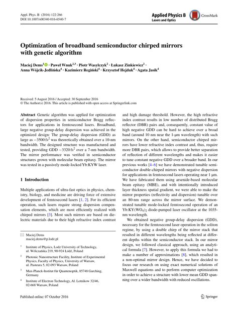 Pdf Optimization Of Broadband Semiconductor Chirped Mirrors With Genetic Algorithm