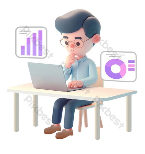 3d Cute Data Analyst Thinking And Working With A Laptop Diagram Chart Png Images Png Free