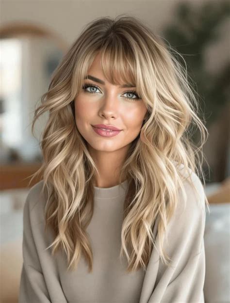This Hairstyle Features Soft Flowing Blonde Waves Paired With Curtain