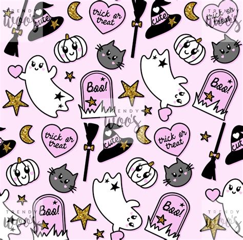 Halloween Ghost Pumpkin Witch Cute Kawaii Retro Pink Seamless Pattern