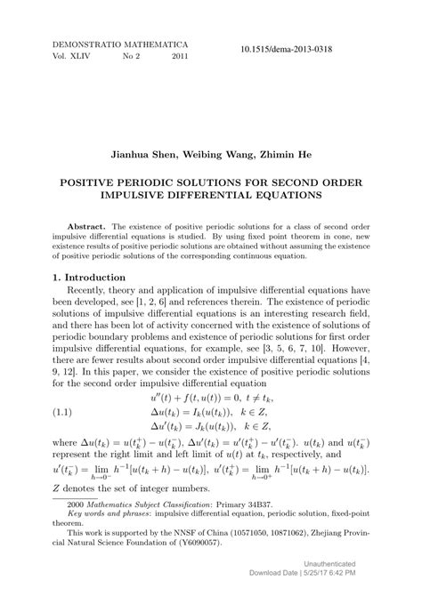 Pdf Positive Periodic Solutions For Second Order Impulsive Differential Equations