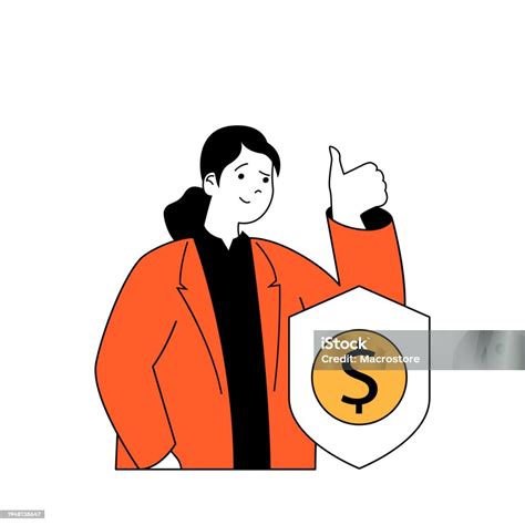 웹을 위한 평면 디자인의 만화 사람들과 사이버 보안 개념 안전한 금융 뱅킹을 위해 방패 보호 시스템을 사용하는 여성 소셜 미디어