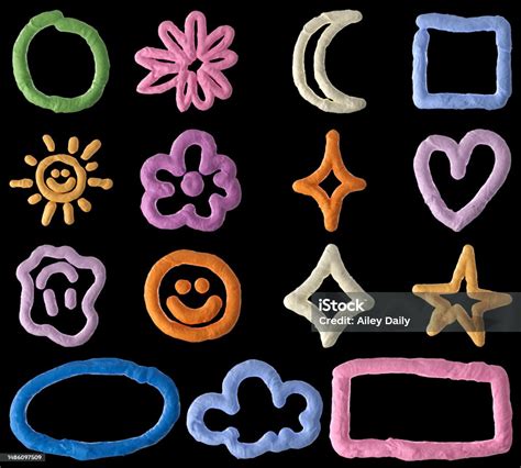 3d 렌더링 일러스트레이션 요소 모음 원형 사각형 직사각형 별 하트 구름 미소 달 꽃 플라스틱 효과가있는 스티커 3차원 형태에 대한 스톡 사진 및 기타 이미지 Istock