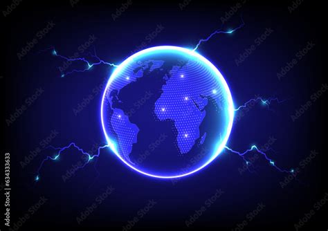 Glowing Globe World Map With Lightning On Dark Blue Background Vector