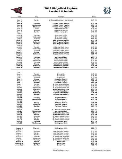 2019 Schedule Ridgefield Raptors