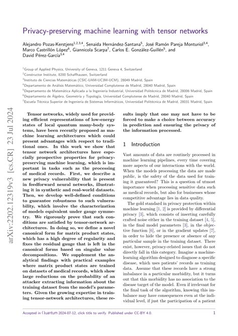 Pdf Privacy Preserving Machine Learning With Tensor Networks