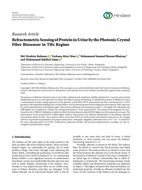 Pdf Refractometric Sensing Of Protein In Urine By The Photonic