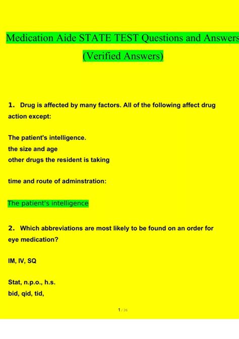 Medication Aide State Test Questions And Answers 2023 2024 Verified Answers Med Aide
