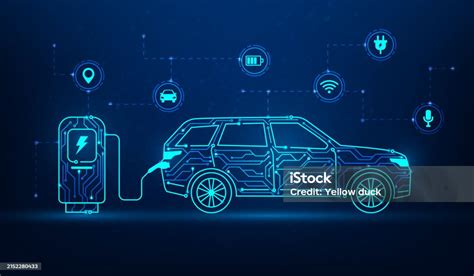 파란색 어두운 배경에 기술 아이콘이 있는 자동차 전기 충전기 회로입니다 Ev 자동차 개념입니다 자동차 충전 장치 스테이션 대안적인 지속 가능한 운송 벡터 일러스트 레이