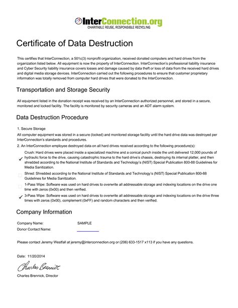 Destruction Certificate Template Sampletemplatemyid
