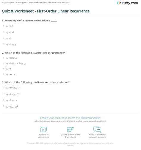 Quiz And Worksheet First Order Linear Recurrence