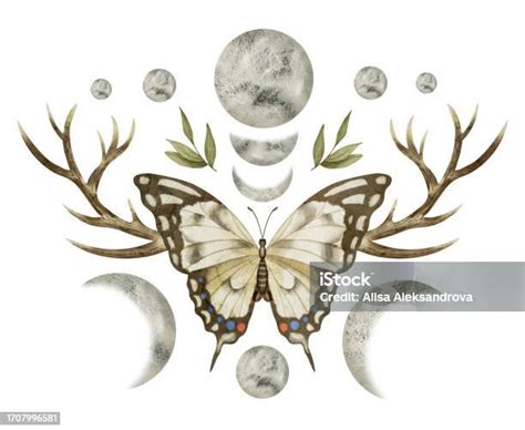 달과 사슴 뿔이 있는 나비 마법의 천체 구성에서 날개와 뿔을 가진 곤충의 수채화 그림 하얀 고립된 배경에 손으로 그렸다 빈티지 밀교 프린트 0명에 대한 스톡 벡터 아트 및