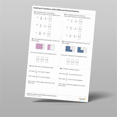 Year 6 Subtract Fractions With Different Denominators Varied Fluency Resource Classroom Secrets