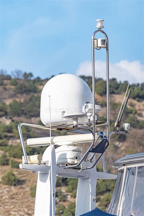 communication and navigation equipment on the mast of ship stock image image of position