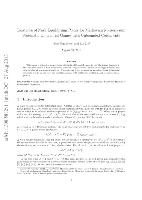 Pdf Existence Of Nash Equilibrium Points For Markovian Nonzero Sum