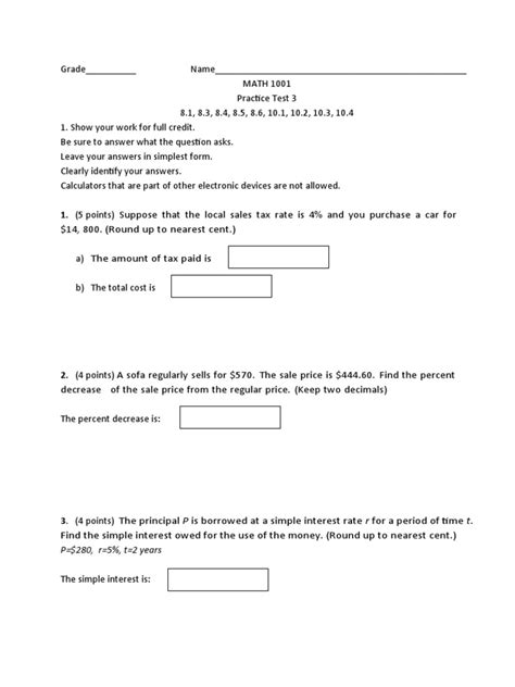 Math 1001 Practice Test 6 Pdf Interest Triangle